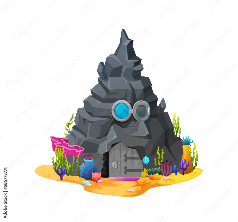 Cartoon cave in rock, underwater house building, vector undersea home ...