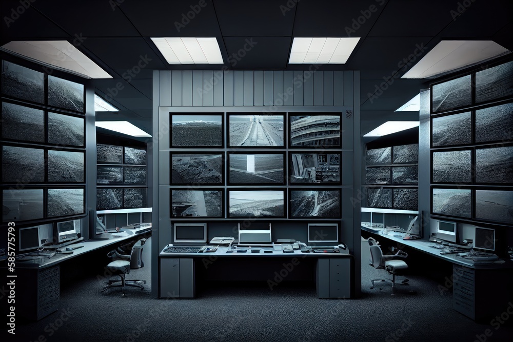surveillance room with banks of monitors, each showing different view ...