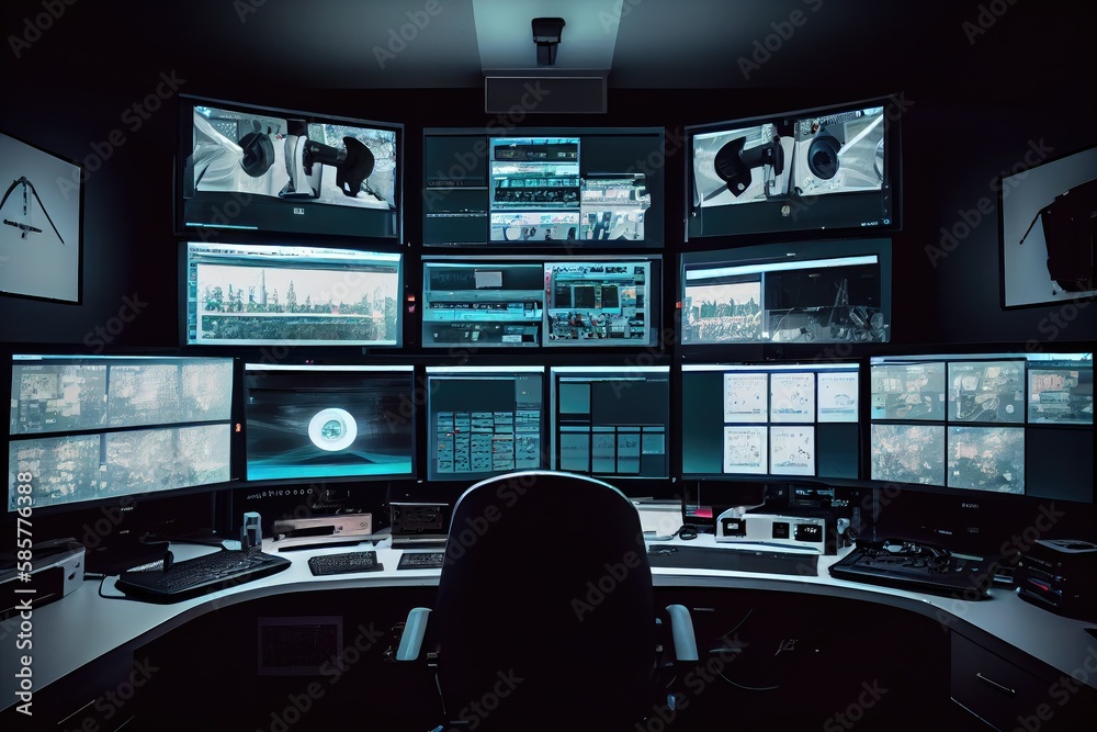 surveillance room with multiple monitors, showing different angles of ...