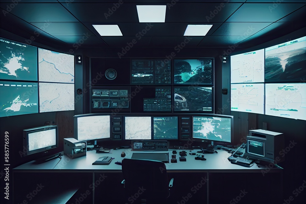 surveillance room, with multiple screens showing different locations ...