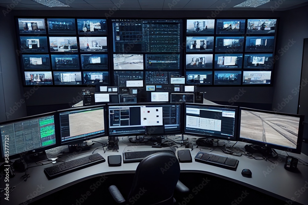 surveillance room filled with screens displaying security feeds from ...