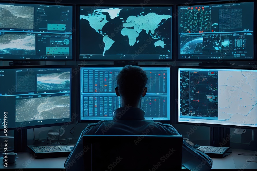 person, monitoring the surveillance room, with view of multiple screens ...