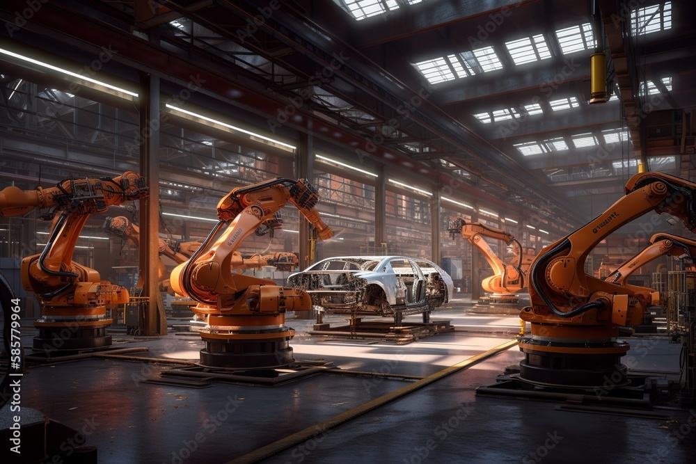 Spot welding robots assemble vehicle parts, creating high-tech cars ...