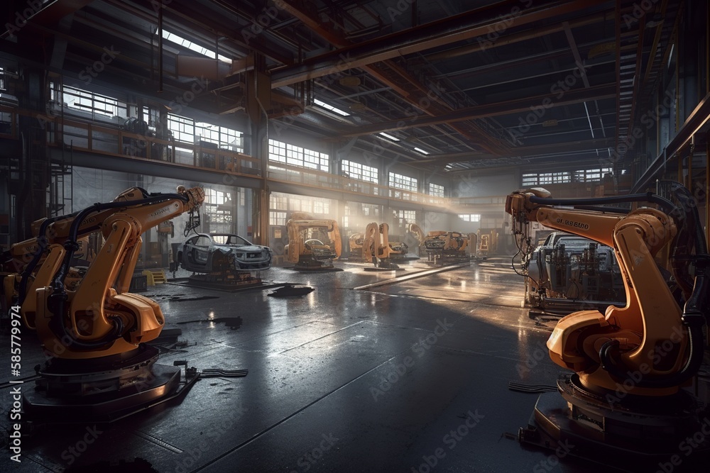 Spot welding robots assemble vehicle parts, creating high-tech cars ...