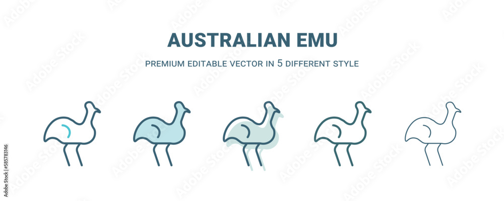 australian emu icon in 5 different style. Outline, filled, two color ...