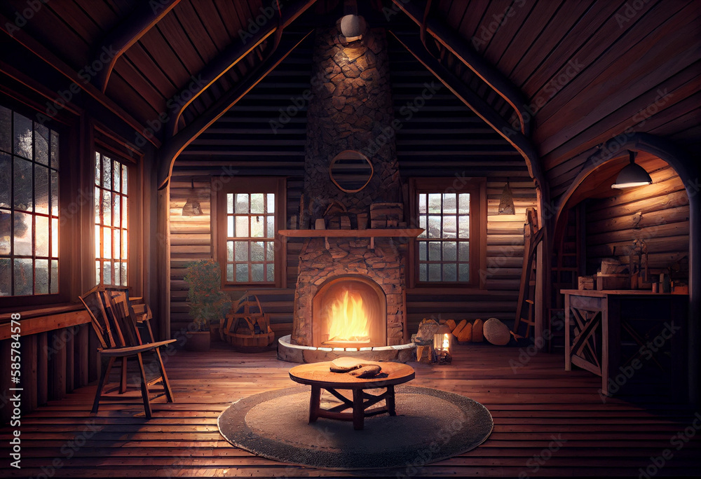 interior of house with firepit raining outside Generative AI Stock ...