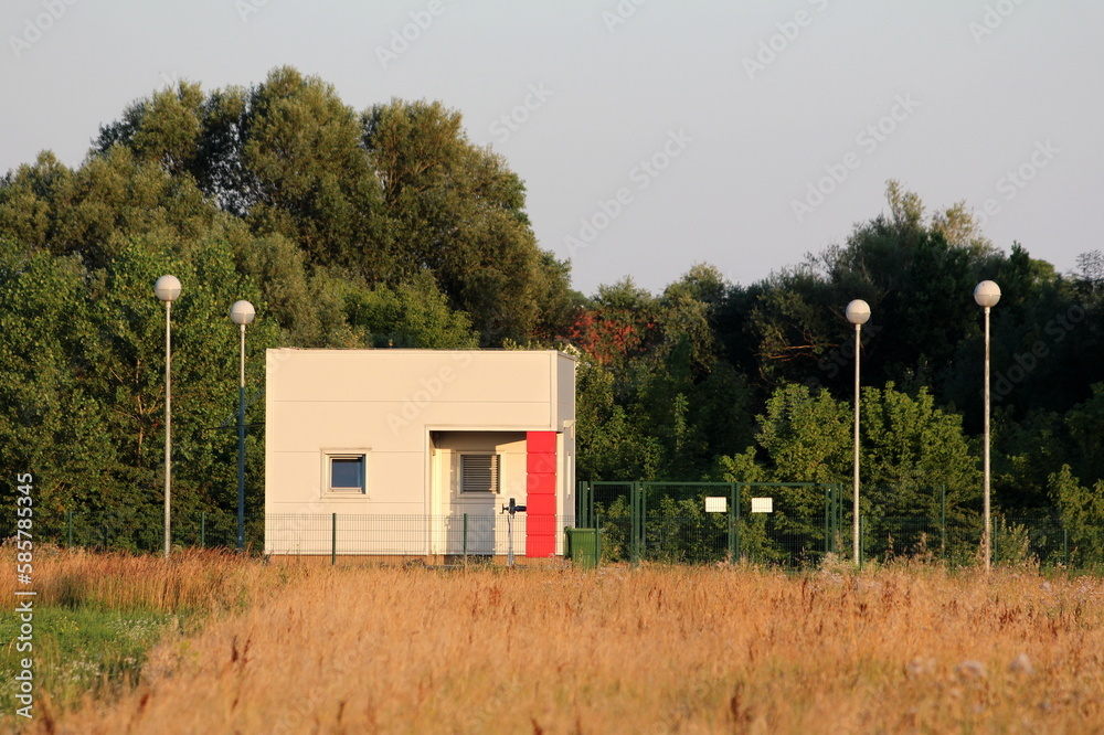 Newly built modern industrial water pumping station inside concrete ...