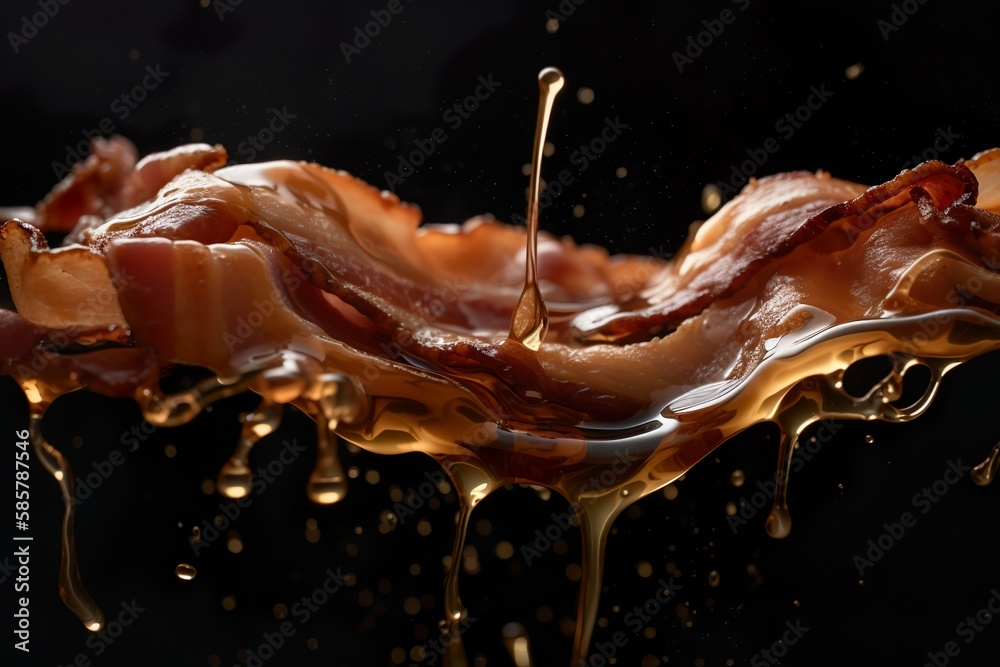 Crispy bacon strips with droplets of grease and oil splashing around ...