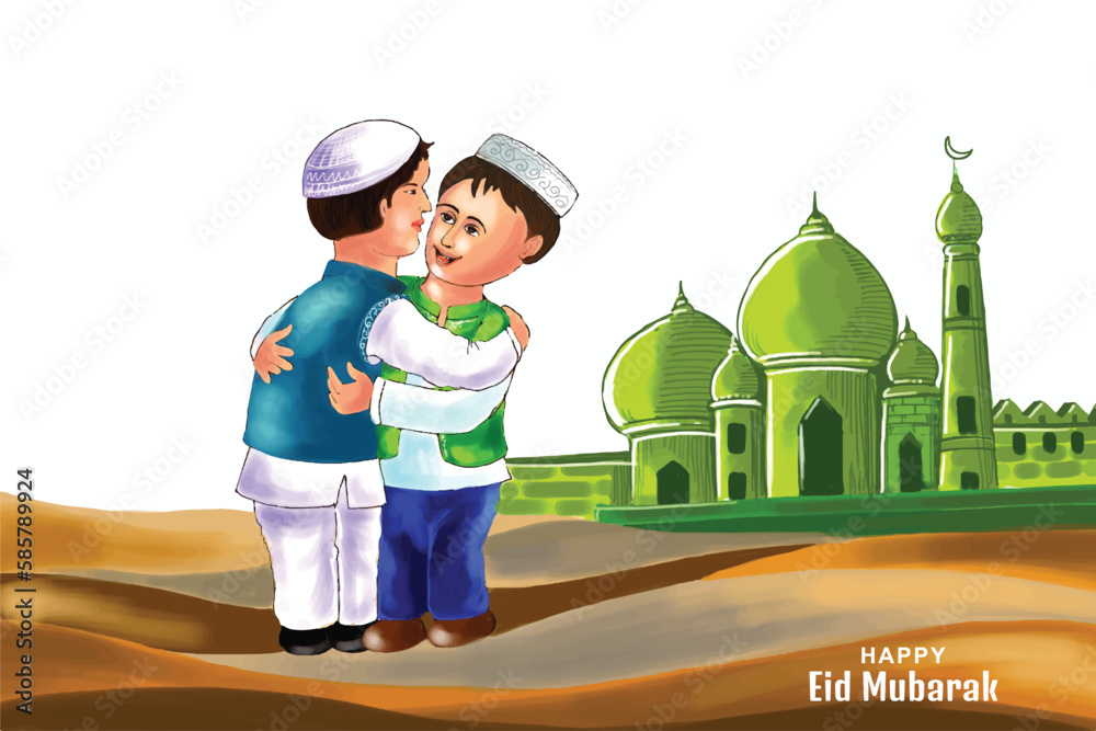 Muslim kids people hugging and wishing eid mubarak celebration ...