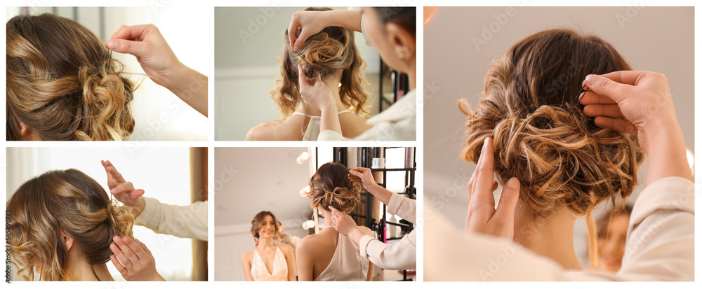 Hair styling process. Collage with photos of hairdresser and woman in ...