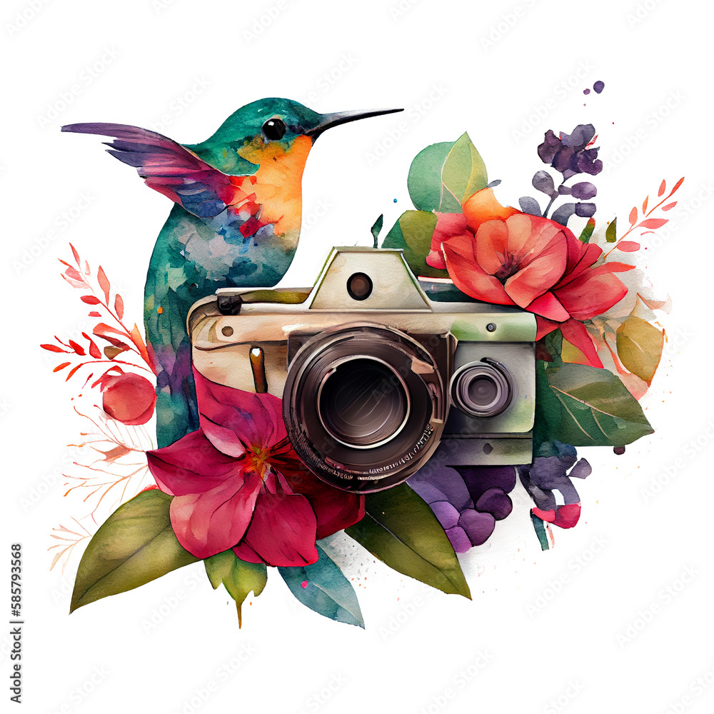 Floral Camera With Hummingbird watercolor art, Retro camera in flowers ...