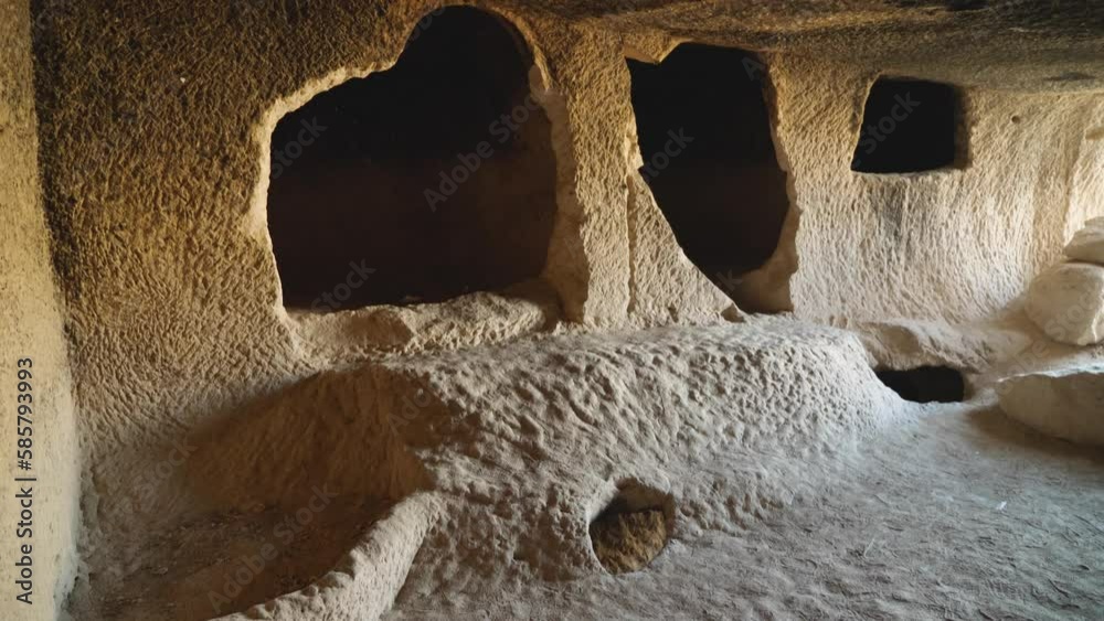 Cave city room. The camera moves from bottom to top. From the floor to ...