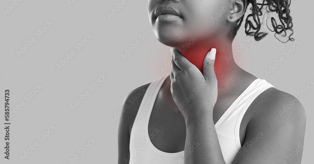 Banner narrow shot black and white show of woman suffer from throat ...