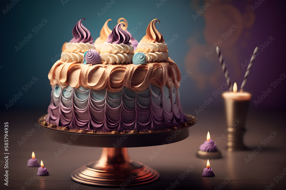 Birthday cake with candles and confetti on dark background. Birthday ...