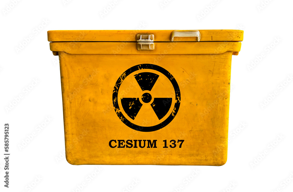 Black radioactive sign with text cesium 137 on yellow container ...