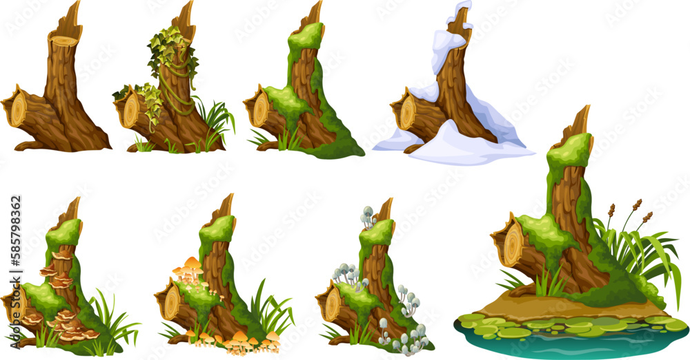 Cartoon broken tree in moss in swamp jungle. Stump with liana branches ...