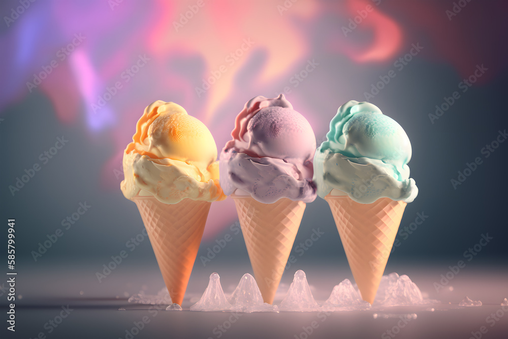 Three ice cream cones with pink, blue, green and yellow flavors ...
