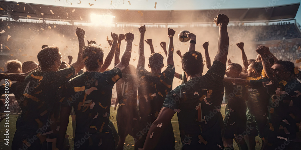 Soccer team with raised arms standing on soccer stadium celebrating ...