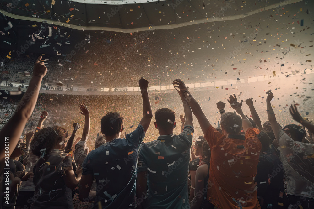 Back view of unrecognizable fans raising arms while celebrating victory ...