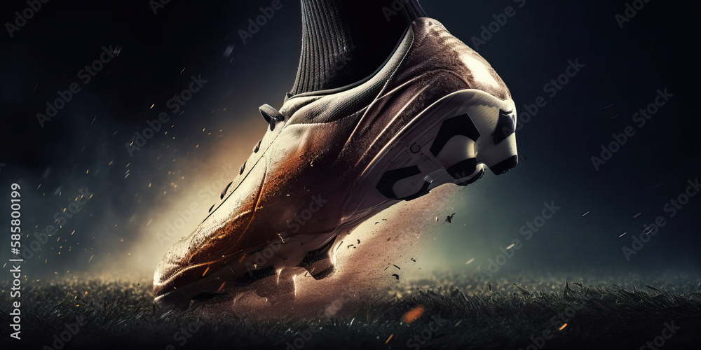 Side view of football boot kicking a soccer ball. Generative AI Stock ...