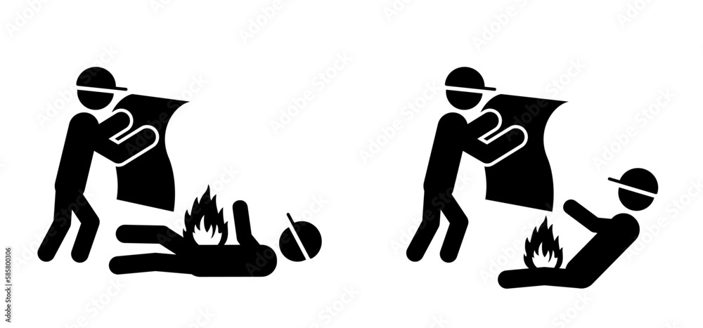 Fire blanket or extinguishing blanket symbol. Man with fire flame. Stop ...