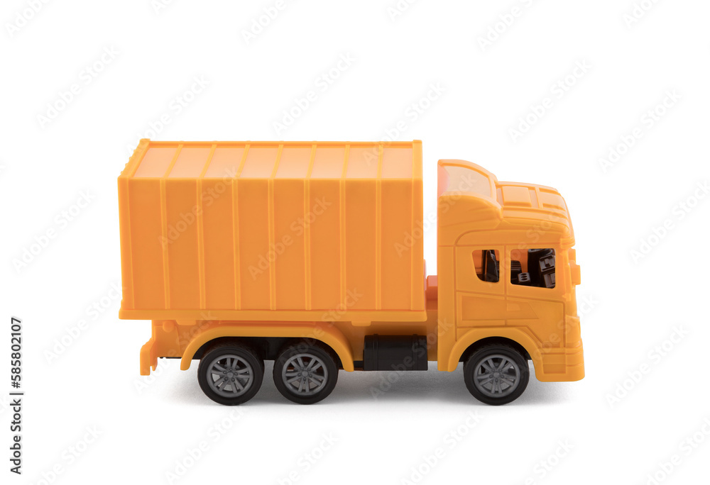Yellow cargo delivery truck miniature isolated on white background with ...