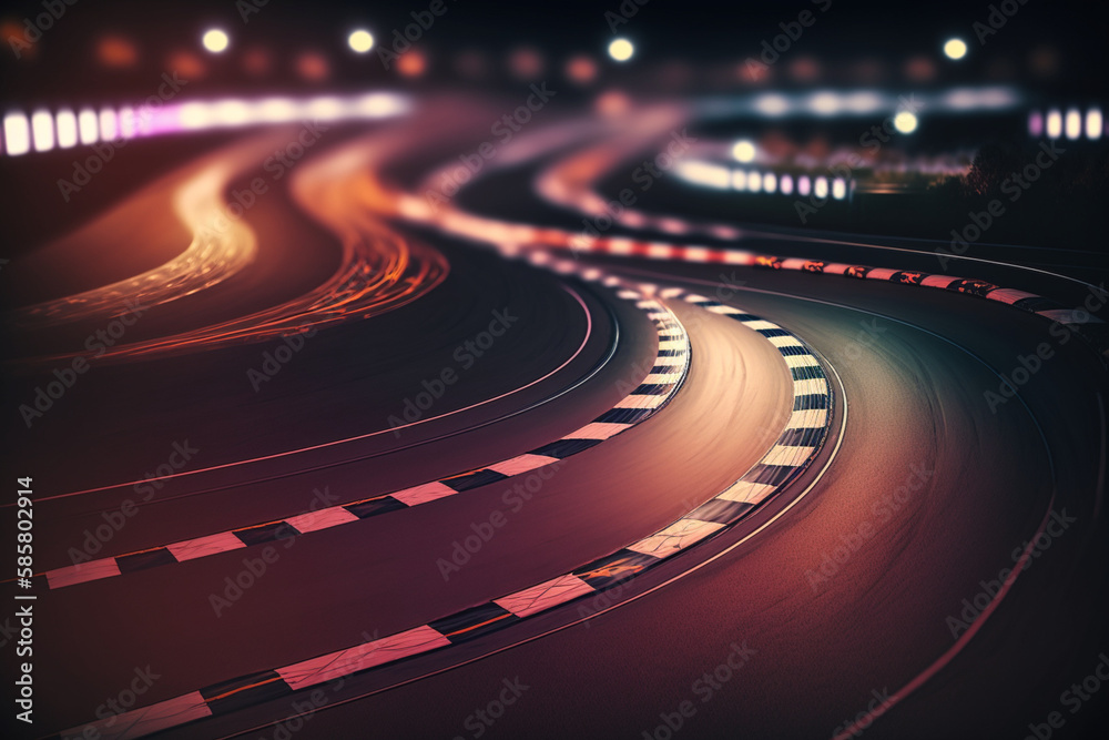 Nighttime sports racing on curved asphalt track with illuminated ...