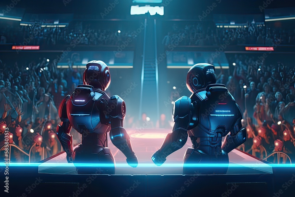 Two robotic characters fighting battle in a futuristic science fiction ...