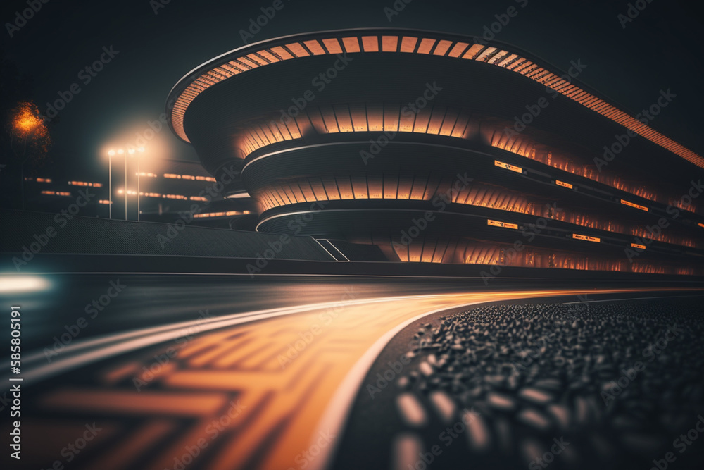 Nighttime curved asphalt race track with illuminated stadium. High ...