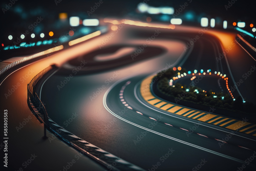 Nighttime curved asphalt race track with illuminated stadium. High ...