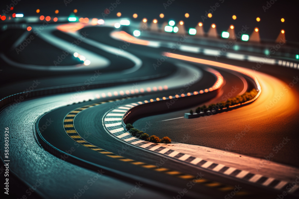 Nighttime curved asphalt race track with illuminated stadium. High ...
