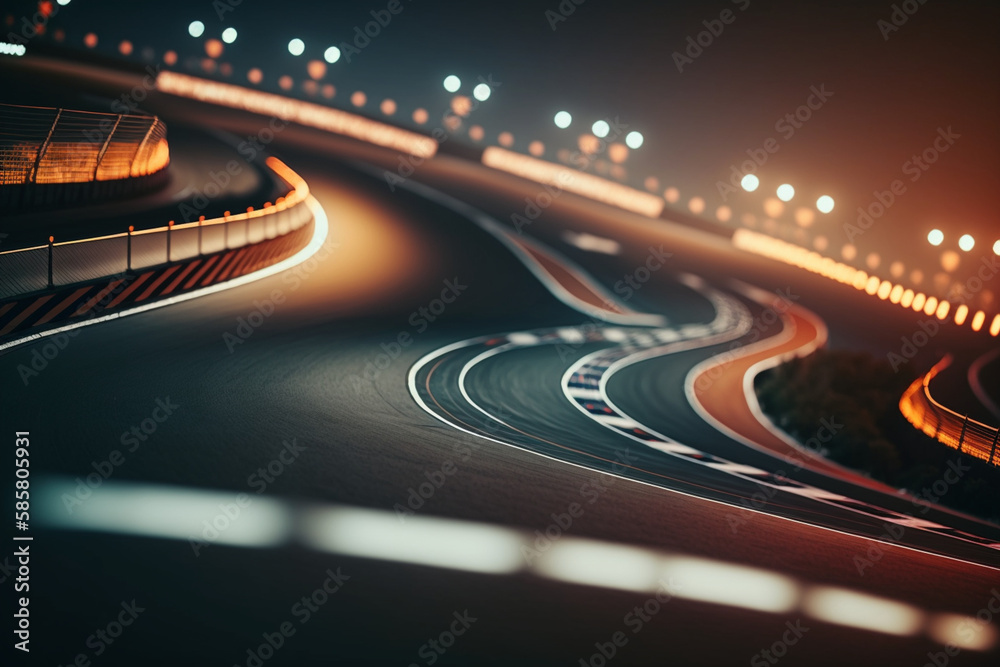 Nighttime curved asphalt race track with illuminated stadium. High ...