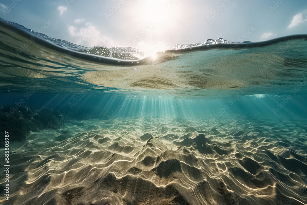 View underwater to surface ocean, sunbeam penetrate through the top ...