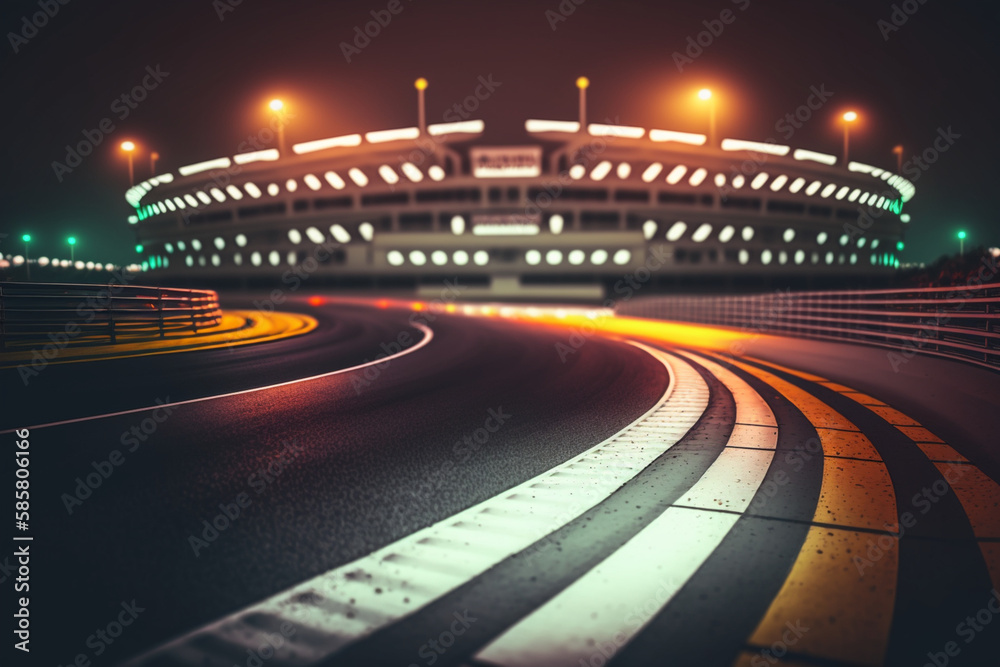 Nighttime curved asphalt race track with illuminated stadium. High ...