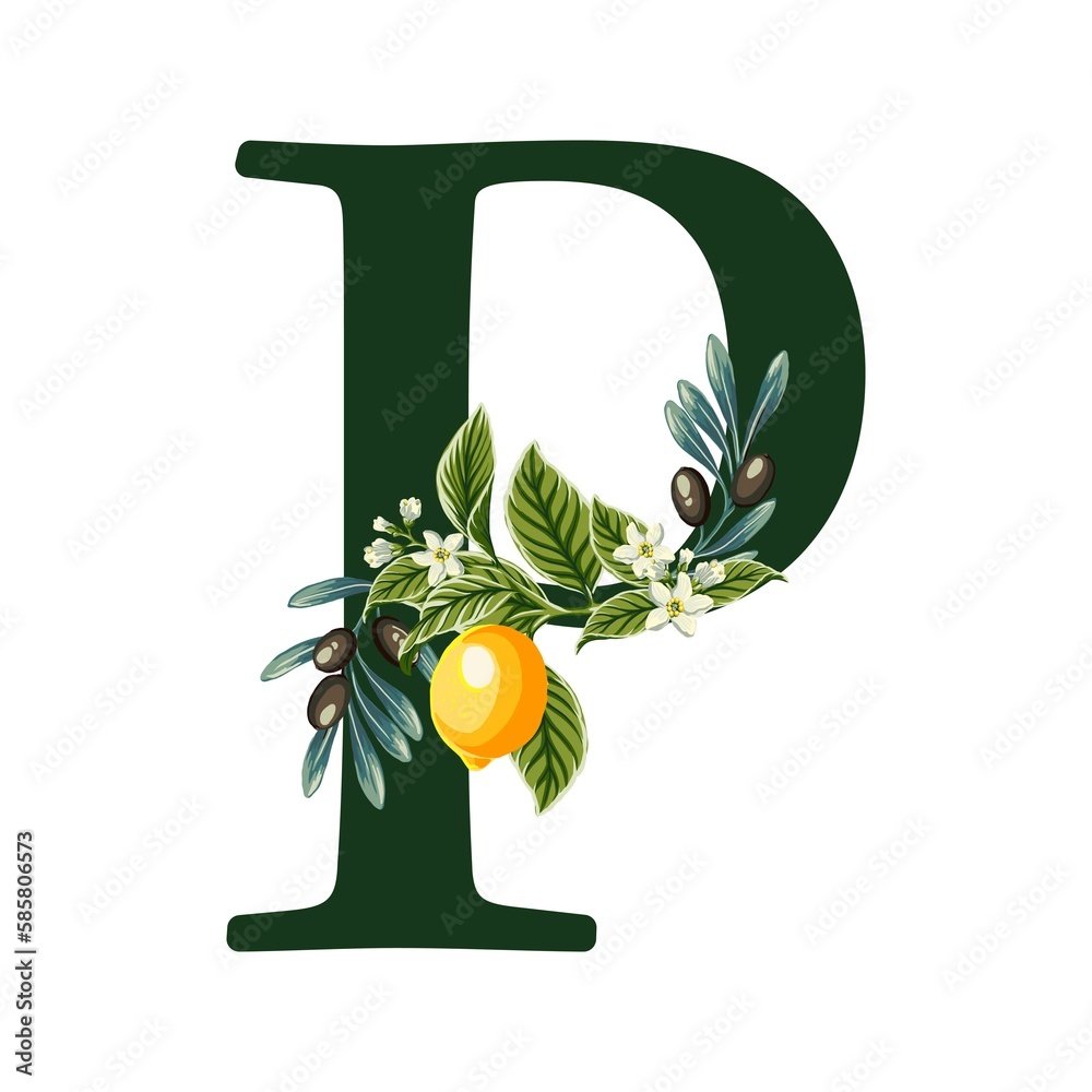 letter P from Alphabet with lemons and olive branches illustration ...