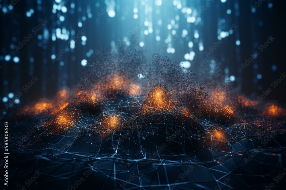 Connected glowing 3d grid, digitalization, wave, network created with ...