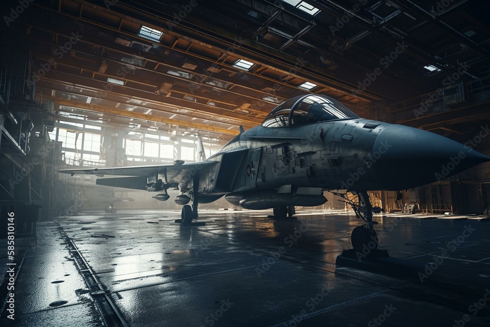 Military aircraft stands in the hangar. Military fighter aircraft on an ...