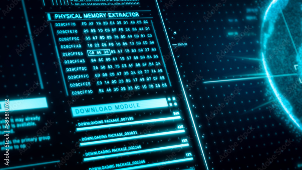 Close-up Futuristic digital cybersecurity data center interface screen ...