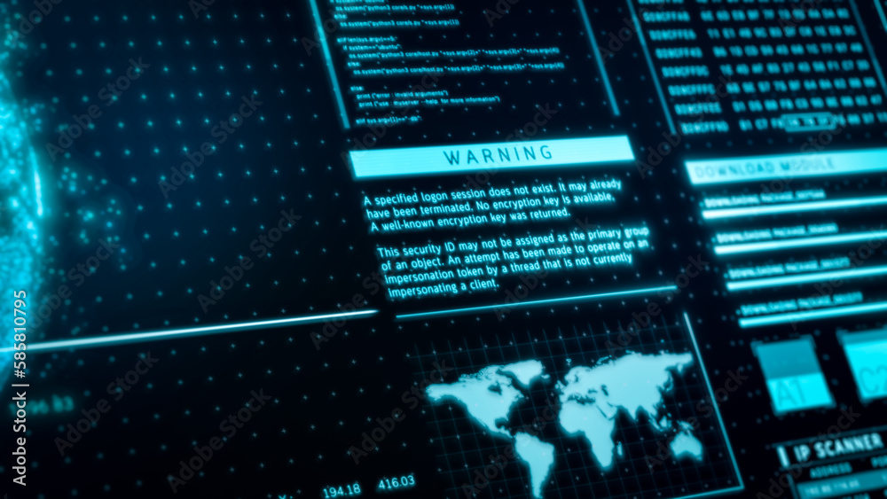 Close-up Futuristic digital cybersecurity data center interface screen ...
