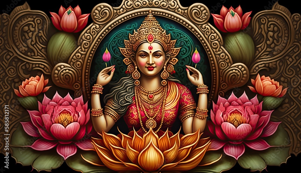Goddess Lakshmi, the Hindu deity of wealth and prosperity, adorned with ...