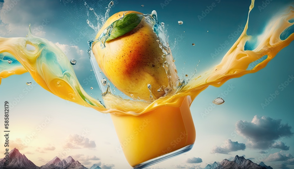 mango juice splash in water and sky background wallpaper Stock Photo ...