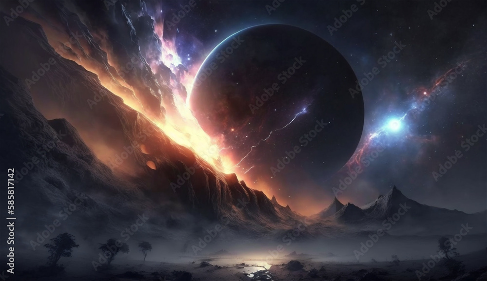 Alien Planet Panorama with Dark gray Sharp Mountains and a Giant Moon ...