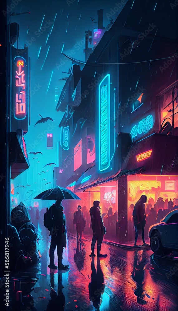 Create a digital painting with flowing neon lines and dots, depicting a ...