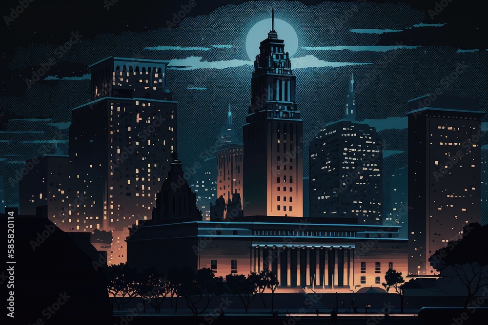 night scene with view of the city skyline, including buildings and ...