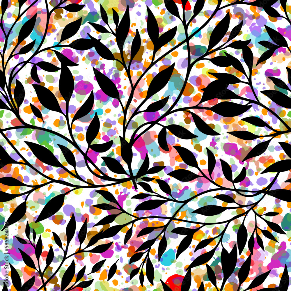 Seamless pattern of colorful dots and leaves. Vector illustration Stock ...