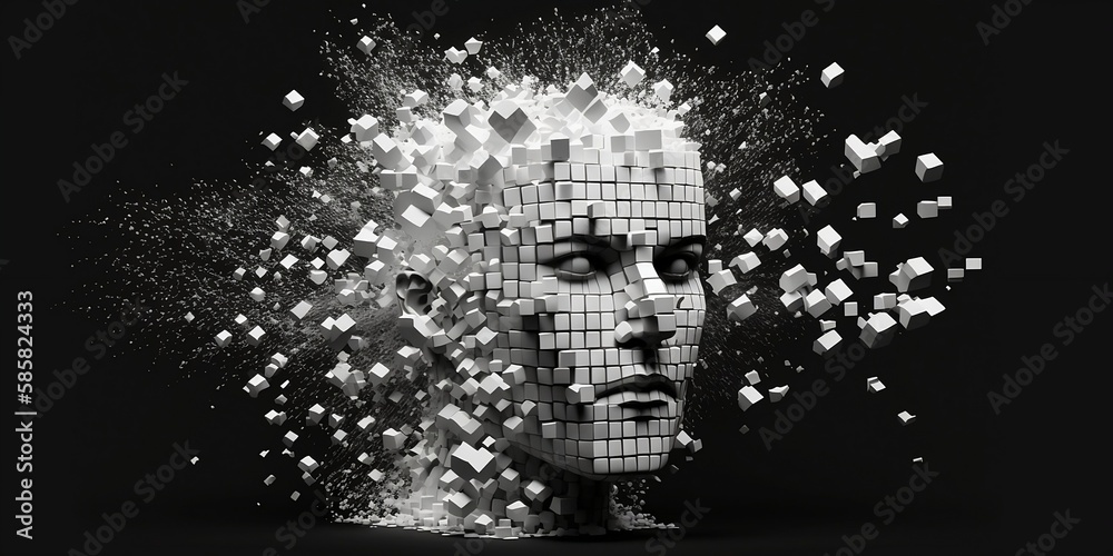 Cubed Deconstruction: A White Humanoid Face Model Disassembled into ...