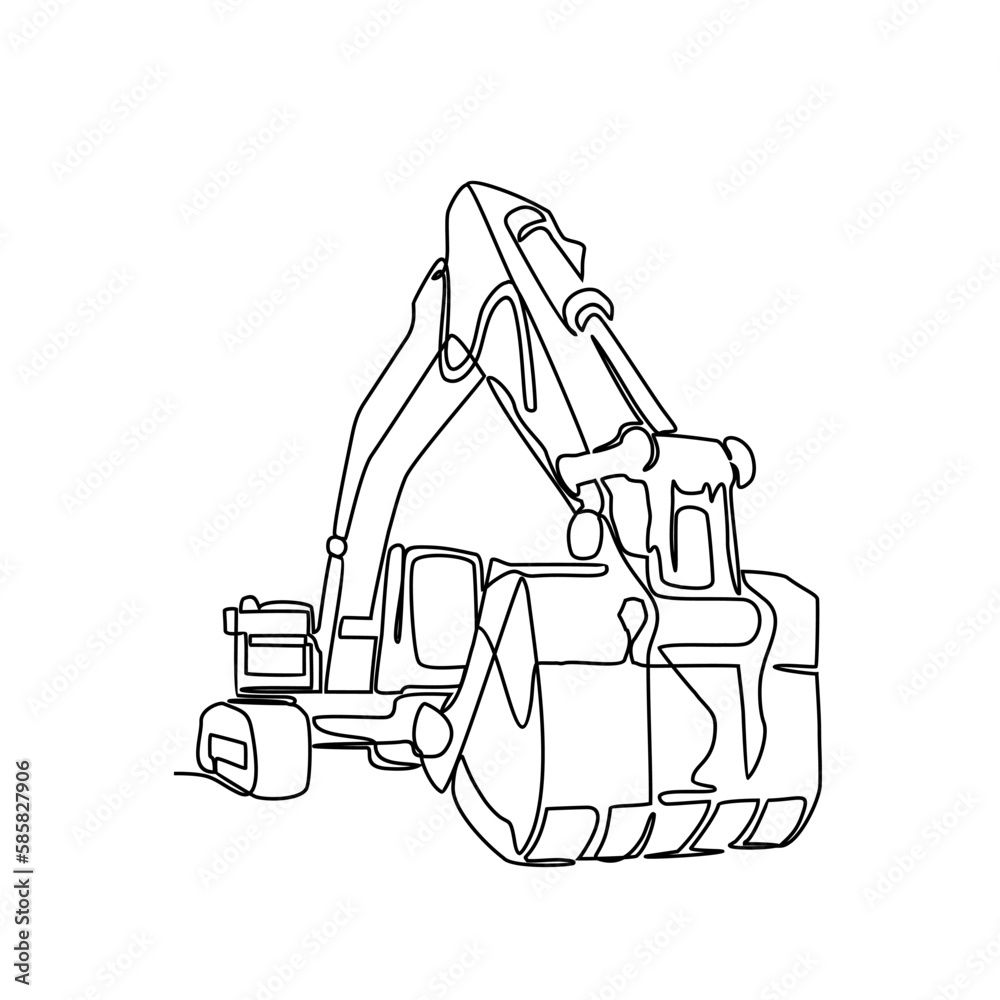 One continuous line drawing of excavator in the site project ...