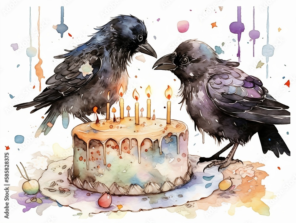 baby crows playing with birthday cake - watercolor illustration on ...