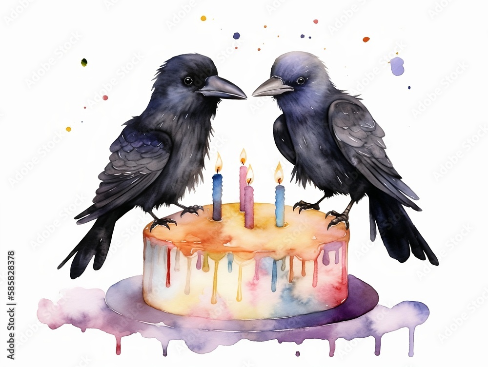baby crows playing with birthday cake - watercolor illustration on ...