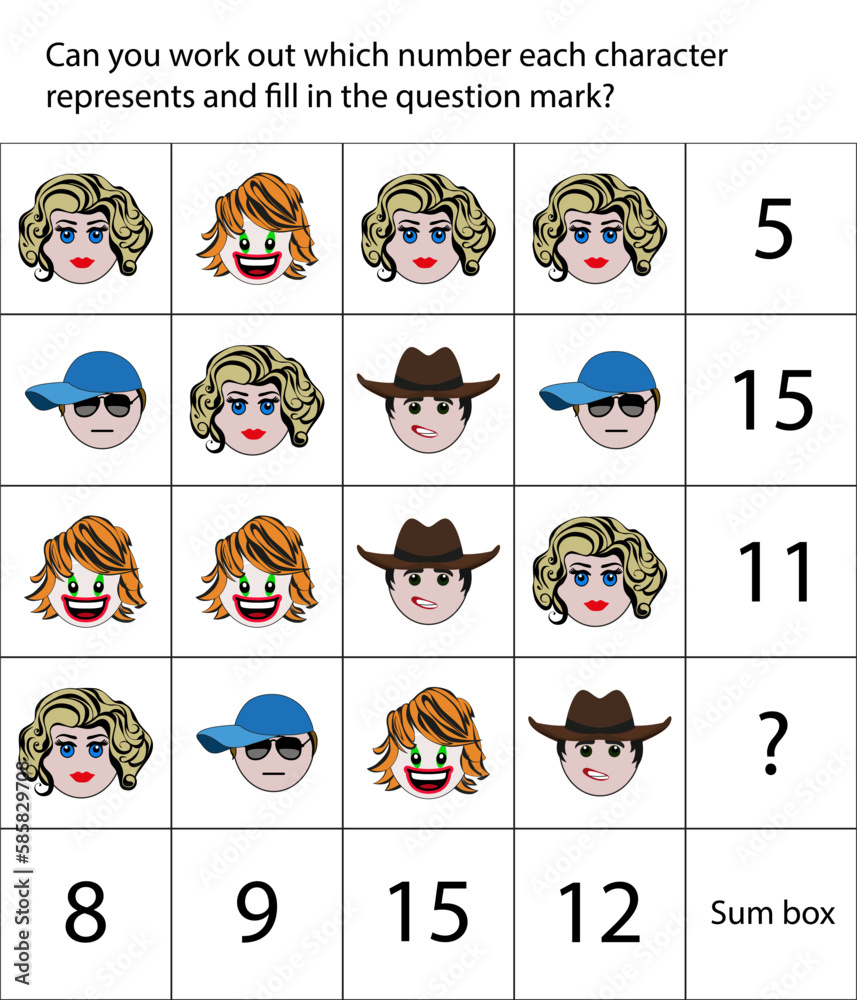 Mathematic logical thinking for children. Different character faces in ...